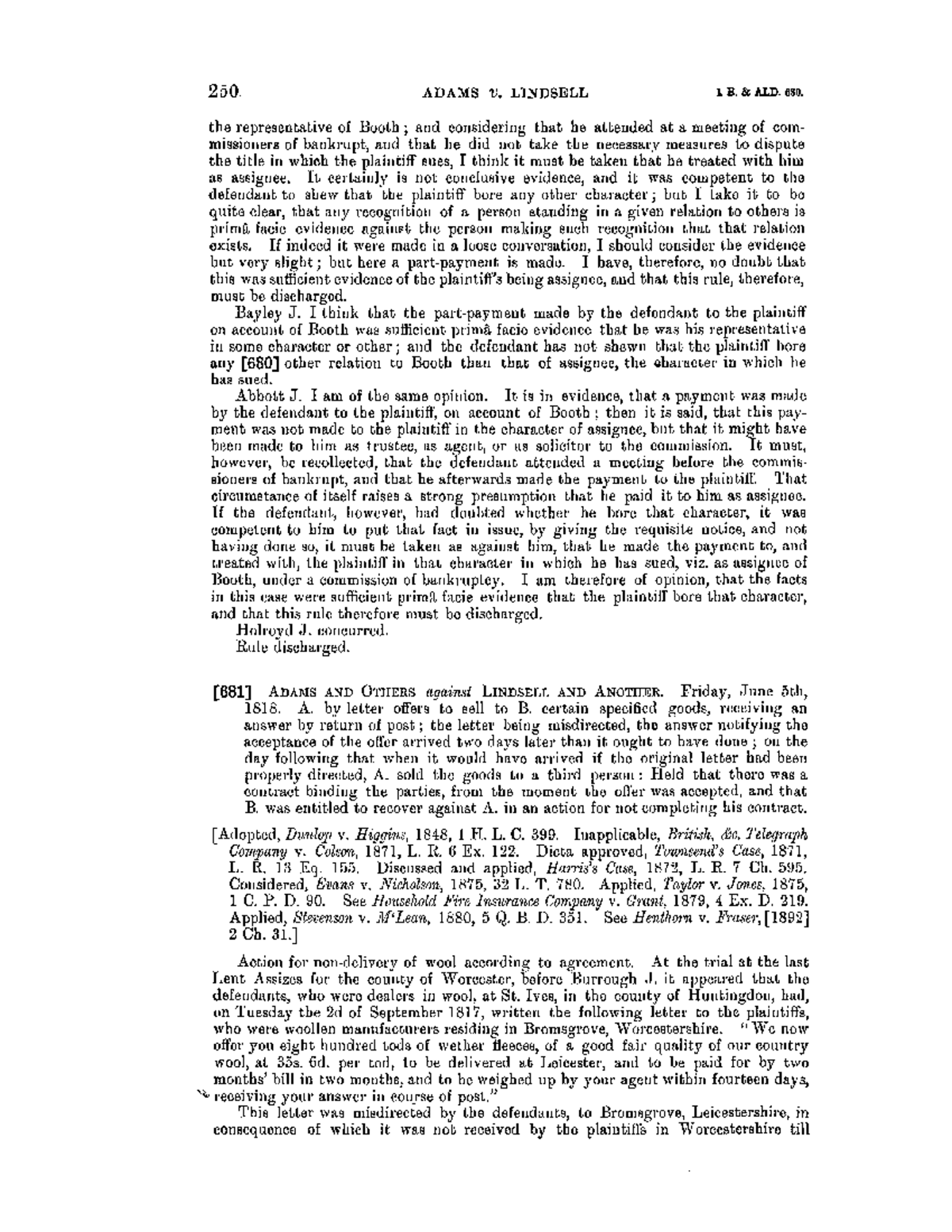 Adams and Others v Lindsell and Another - 250 ADAMS V. LINDSELL 1 B ...