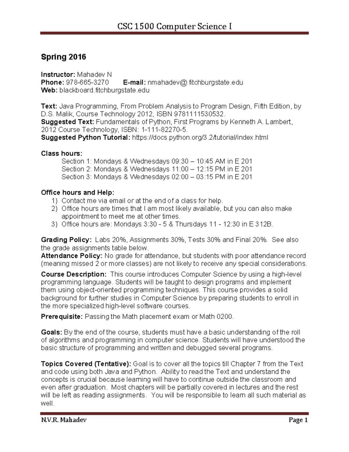 CSC1500 - Lecture notes 1 - CSC 1500 Computer Science I Spring 2016 ...