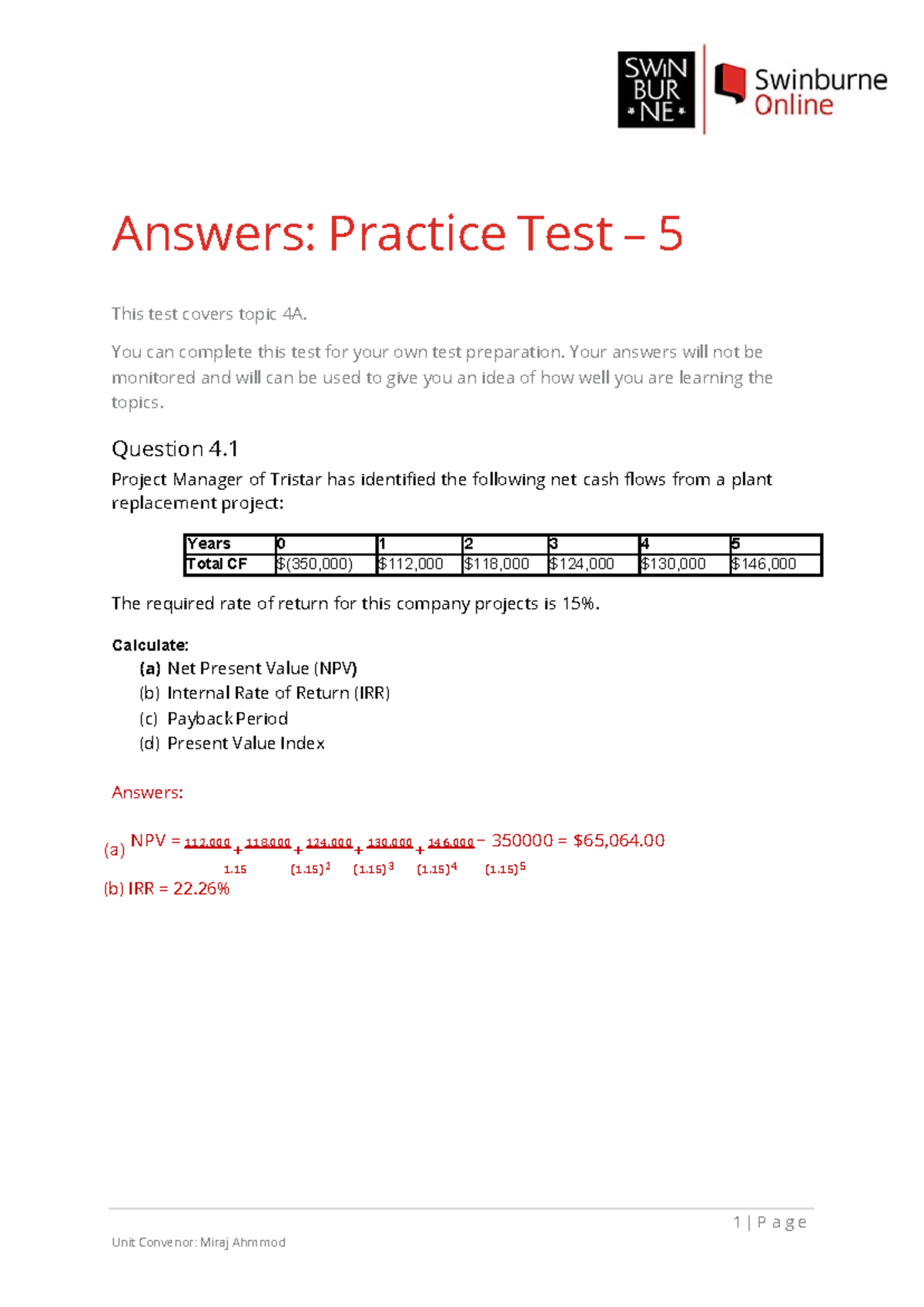Practice Test - 5 Answers - 1 | P a g e Unit Convenor: Miraj Ahmmod ...