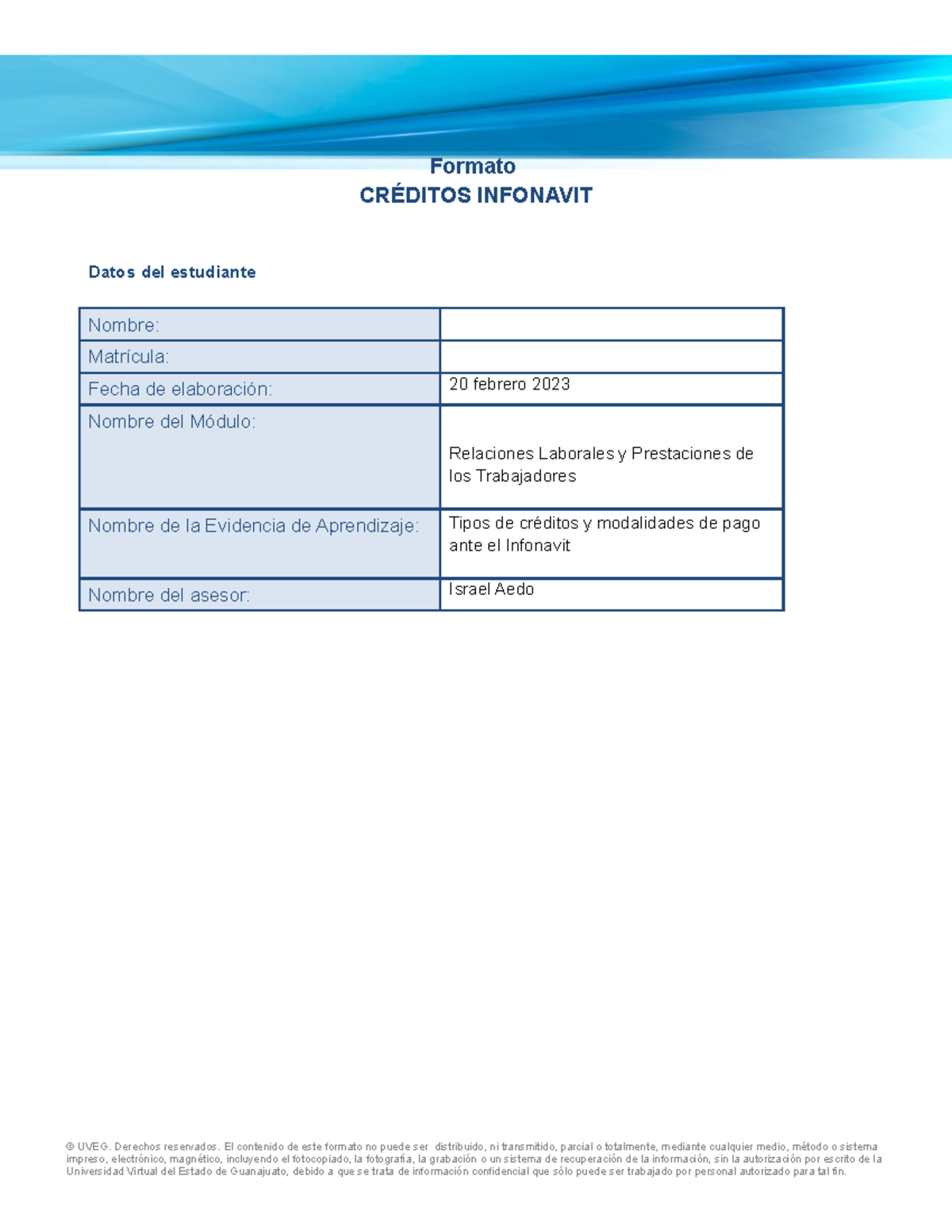 Créditos Infonavit - Formato CRÉDITOS INFONAVIT Datos del estudiante ...