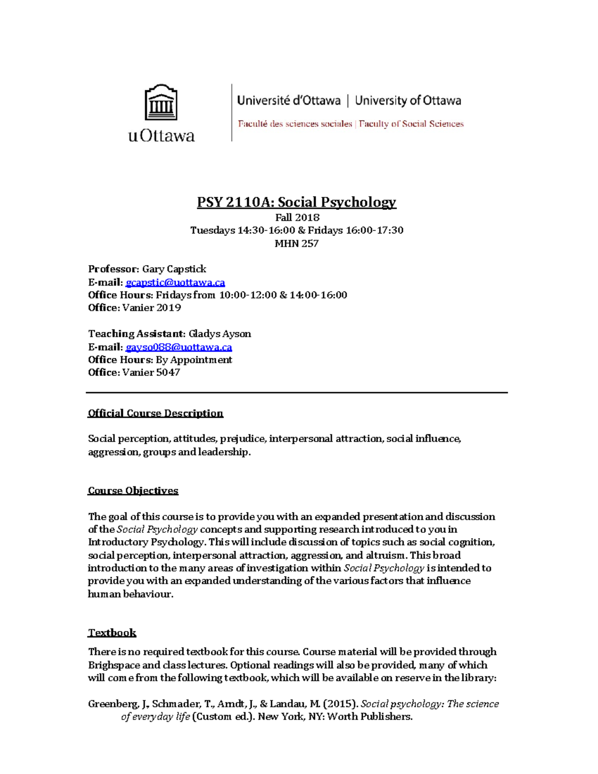 PSY2110 A(18F) Course Outline - Warning: TT: undefined function: 32 PSY ...