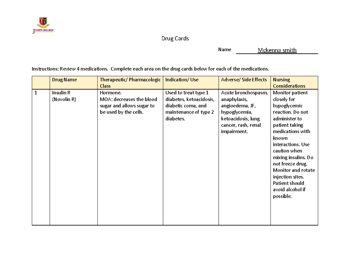 Drug Cards 3-18 complete - Drug Cards Name Mckenna smith Instructions ...