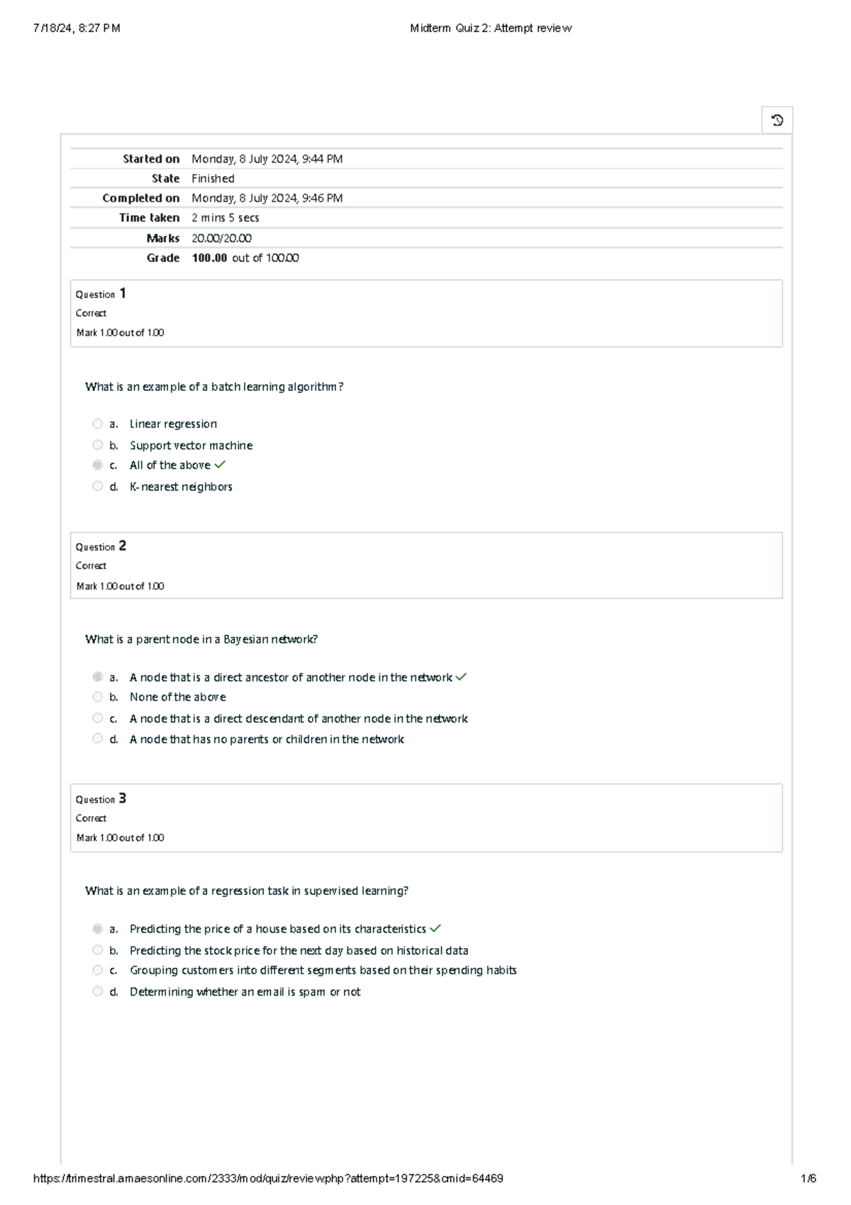 Midterm Quiz 2 Attempt Review Ugrd Cybs6101 Artificial Intelligence Fundamentals Started On