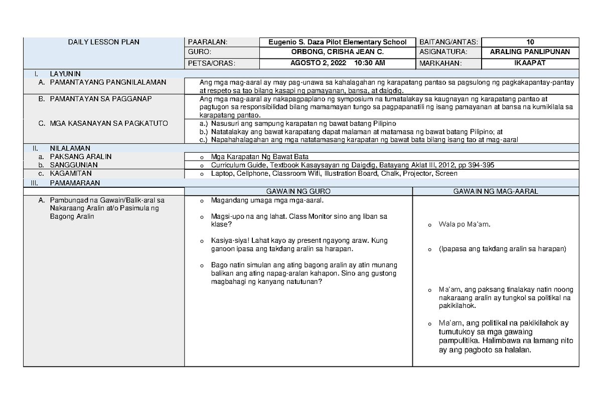 Lesson-PLAN- Template - DAILY LESSON PLAN PAARALAN: Eugenio S. Daza ...