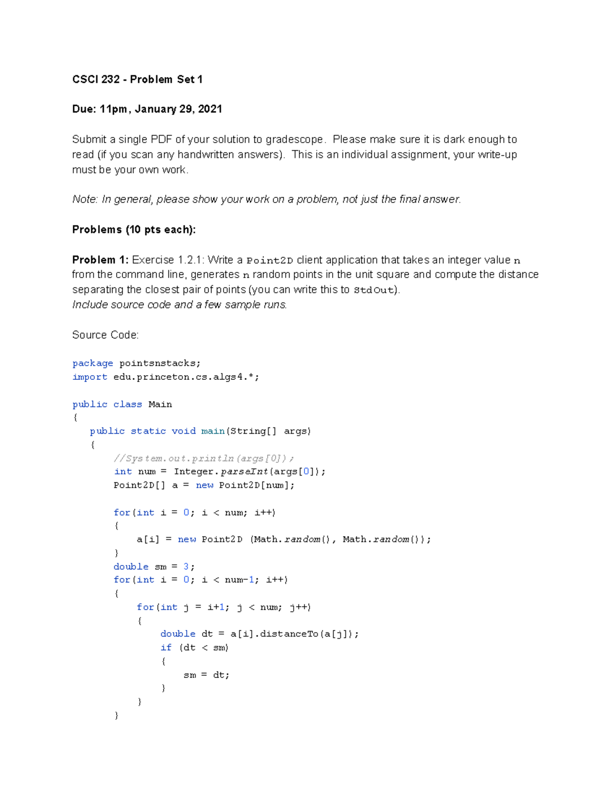 problem set from other class - CSCI 232 - Problem Set 1 Due: 11pm ...