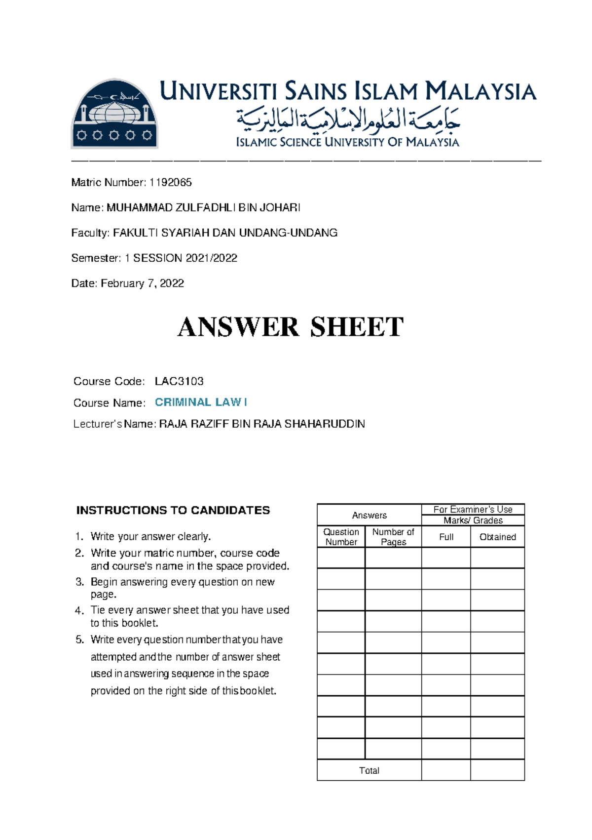 Answer Sheet - LAC3103 Criminal LAW I. 1192065. TLB 3. KLB1 - - Studocu