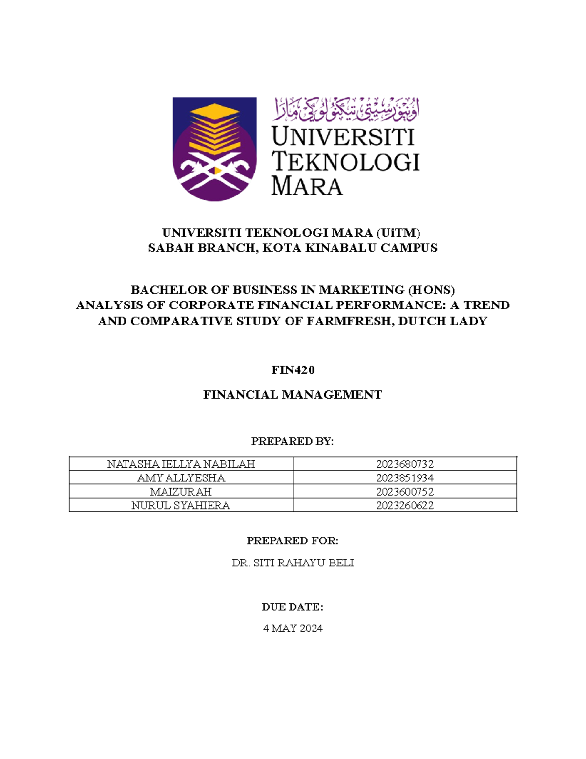 Group Assignment FIN420 - UNIVERSITI TEKNOLOGI MARA (UiTM) SABAH BRANCH ...