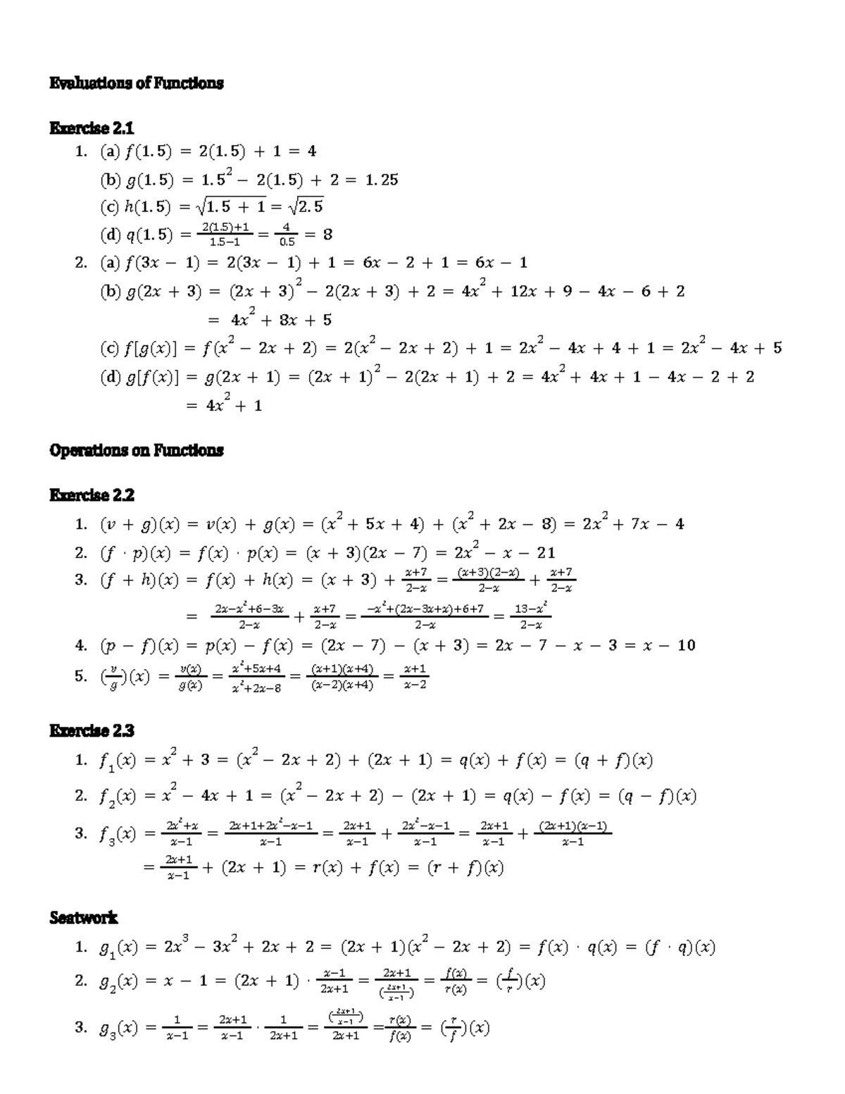 Functions - Evaluations of Functions Exercise 2. 1. (a) 𝑓(1. 5) = 2(1 ...