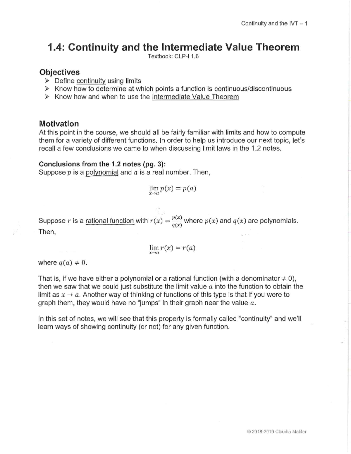 1.4 Continuity and the Intermediate Value Theorem Completed - MATH 249 ...