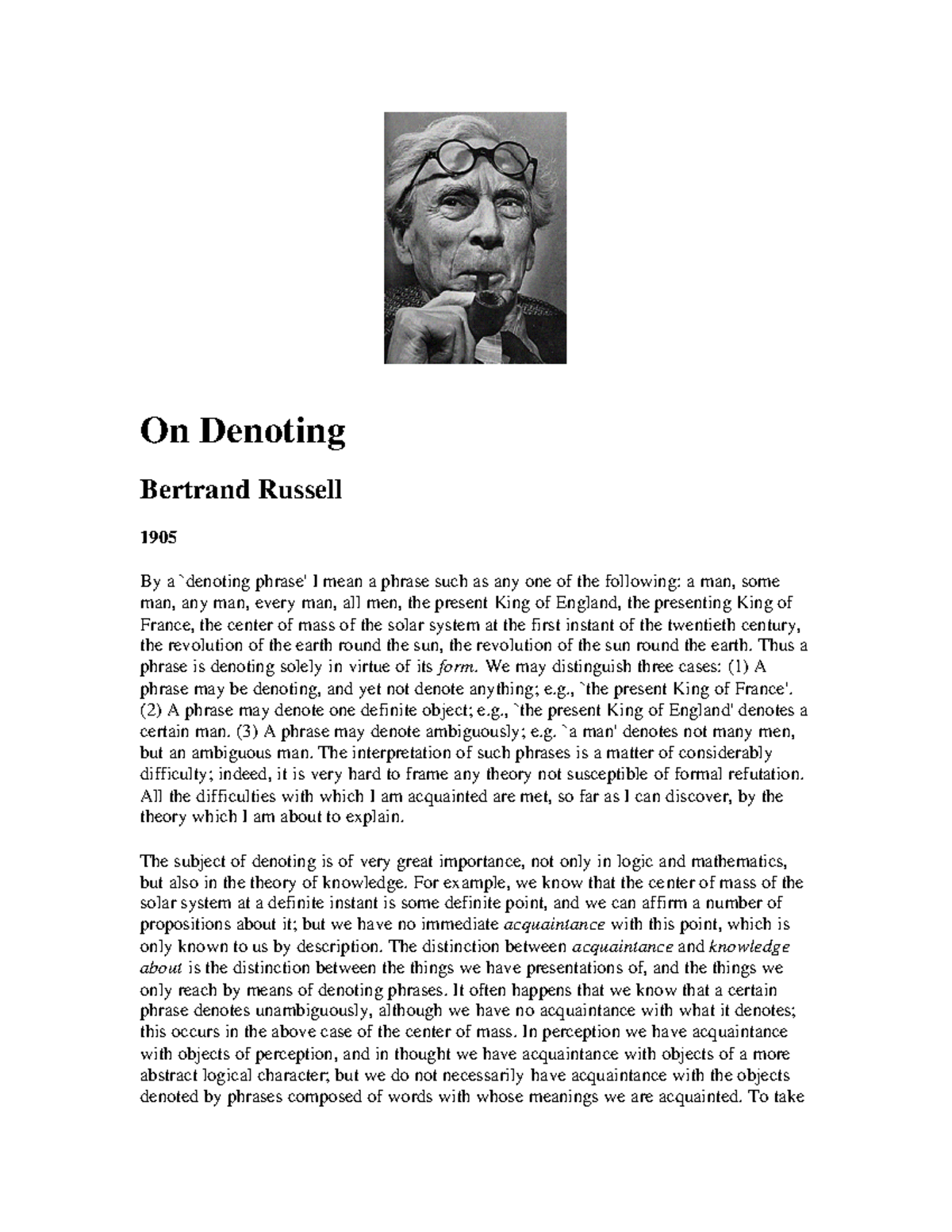 Russell Bertrand - On Denoting - On Denoting Bertrand Russell 1905 By a ...