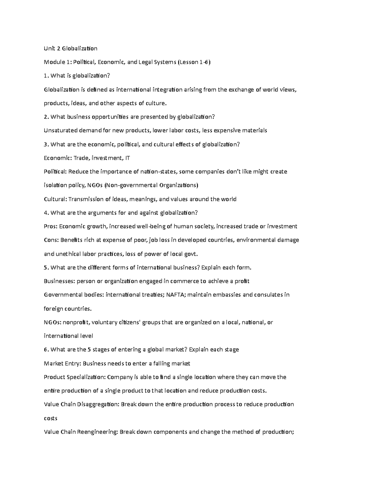 Unit 2 Globalization Module 1: Political Economic and Legal Systems ...