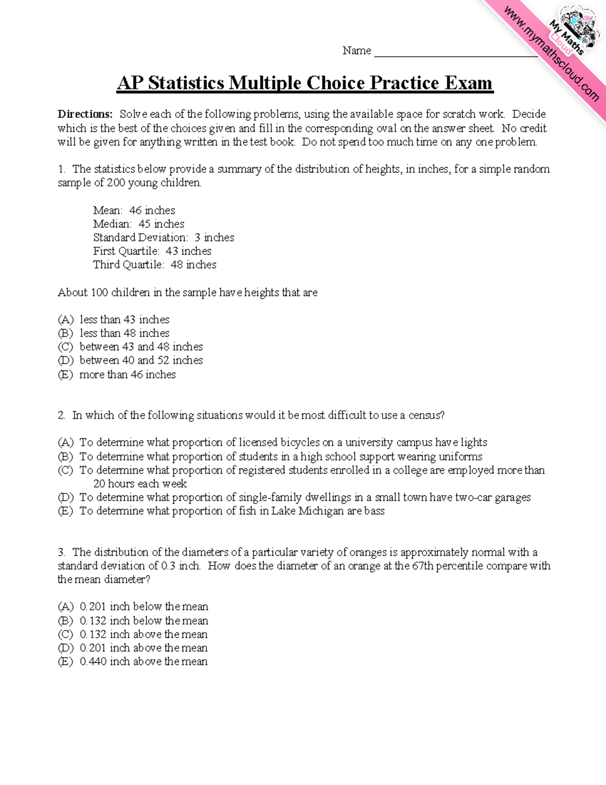 AP Stats MCQ Exam - Helpful - Name _____________________________ AP ...