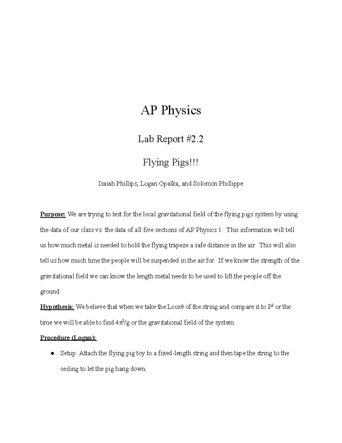 Lab 2.2 Flying Pigs - Physics - AP Physics Lab Report #2. Flying Pigs ...