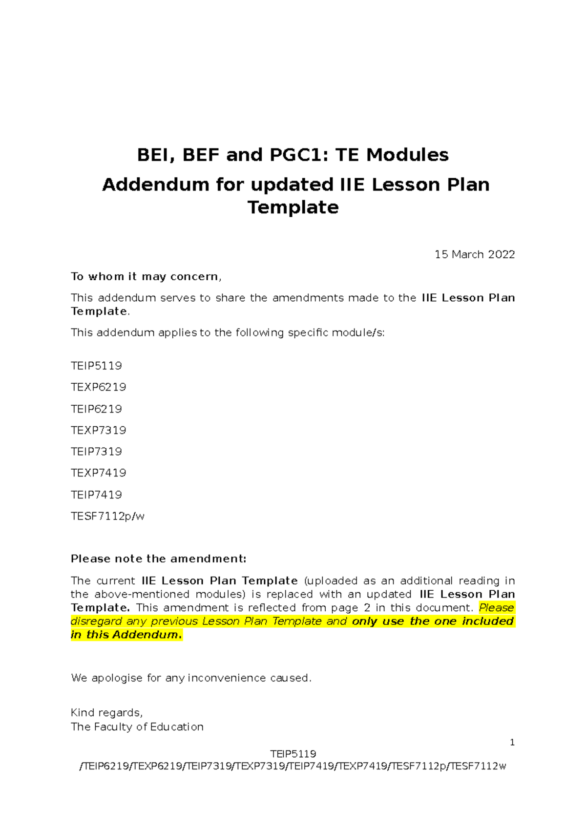 Addendum to the IIE Lesson Plan Template March 2022 - BEI, BEF and PGC1 ...
