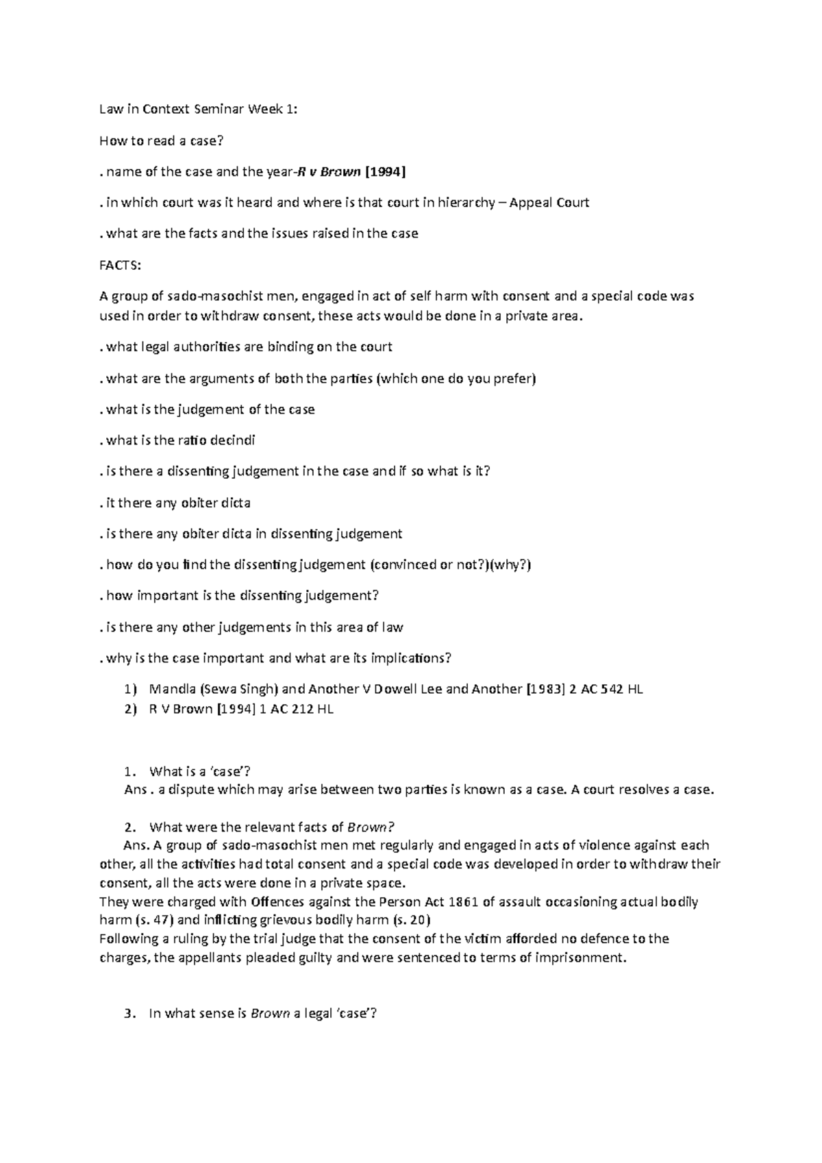 Law in Context Tutorial Week 1 - Law in Context Seminar Week 1: How to read a case? . name of ...