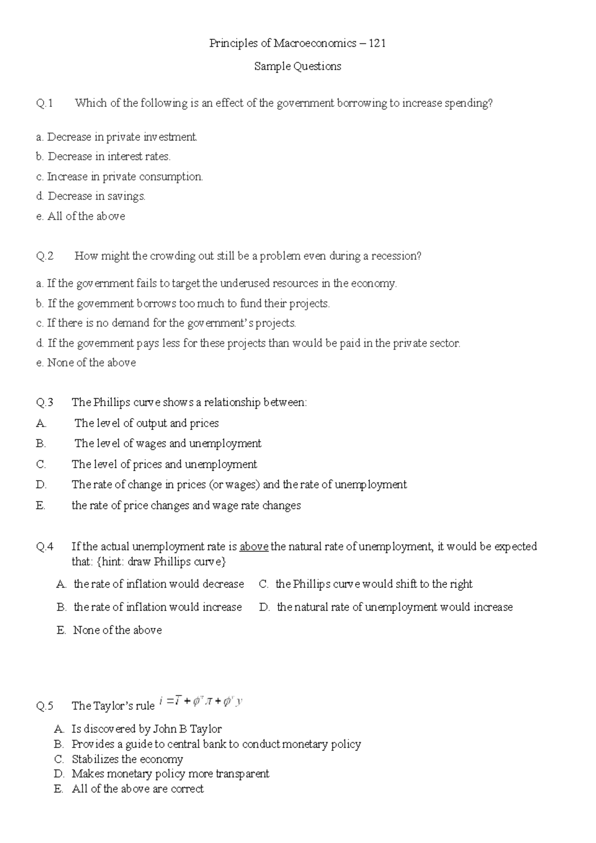 Sample Exam-2024 - econ final mock - Principles of Macroeconomics – 121 ...