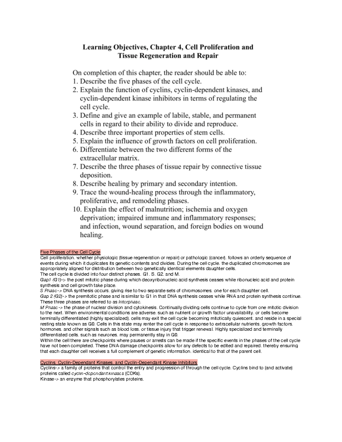 Chapter 4 Objectives - Notes - Five Phases of the Cell Cycle Cell ...