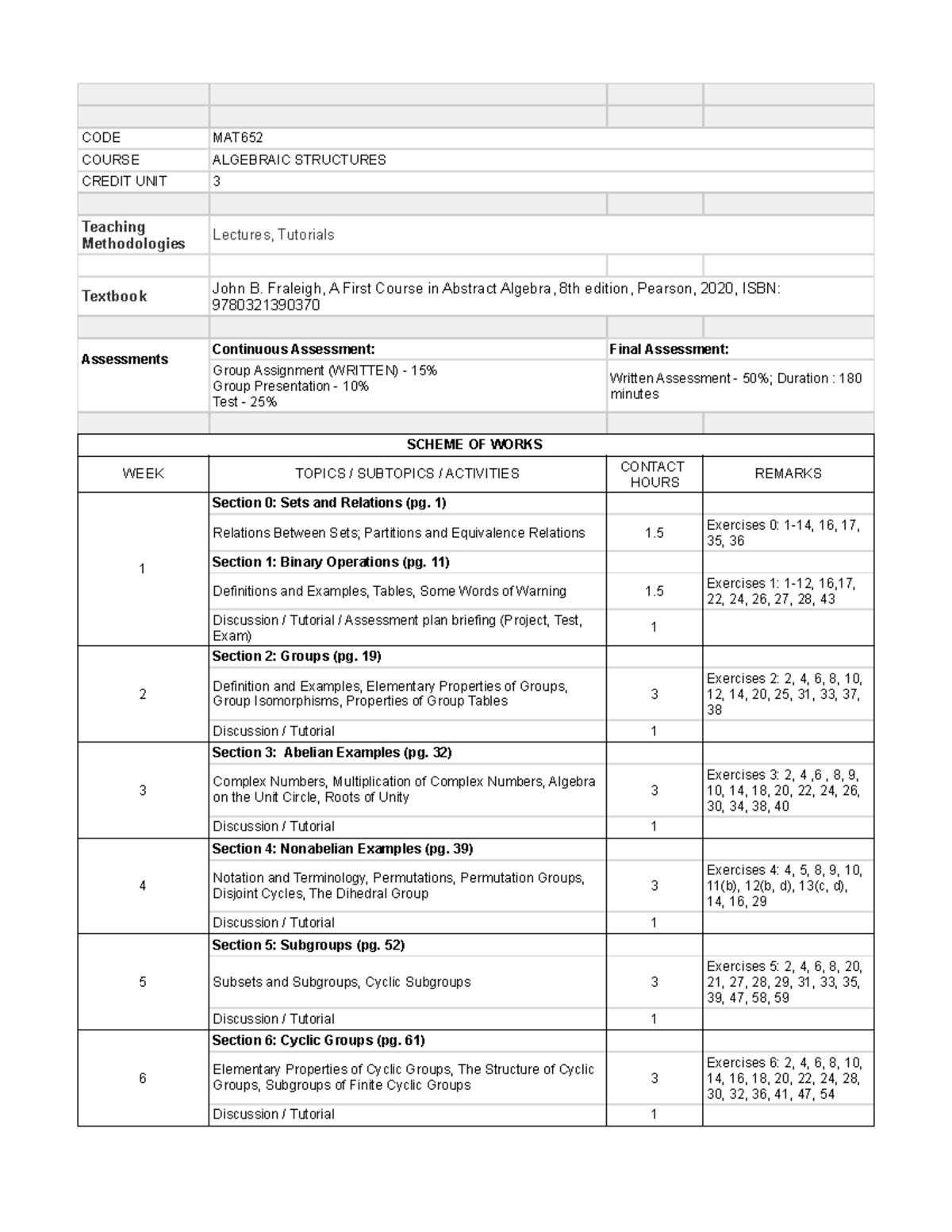 MAT652 Scheme OF Works MAR 22 - Sheet 1 - CODE MAT COURSE ALGEBRAIC ...
