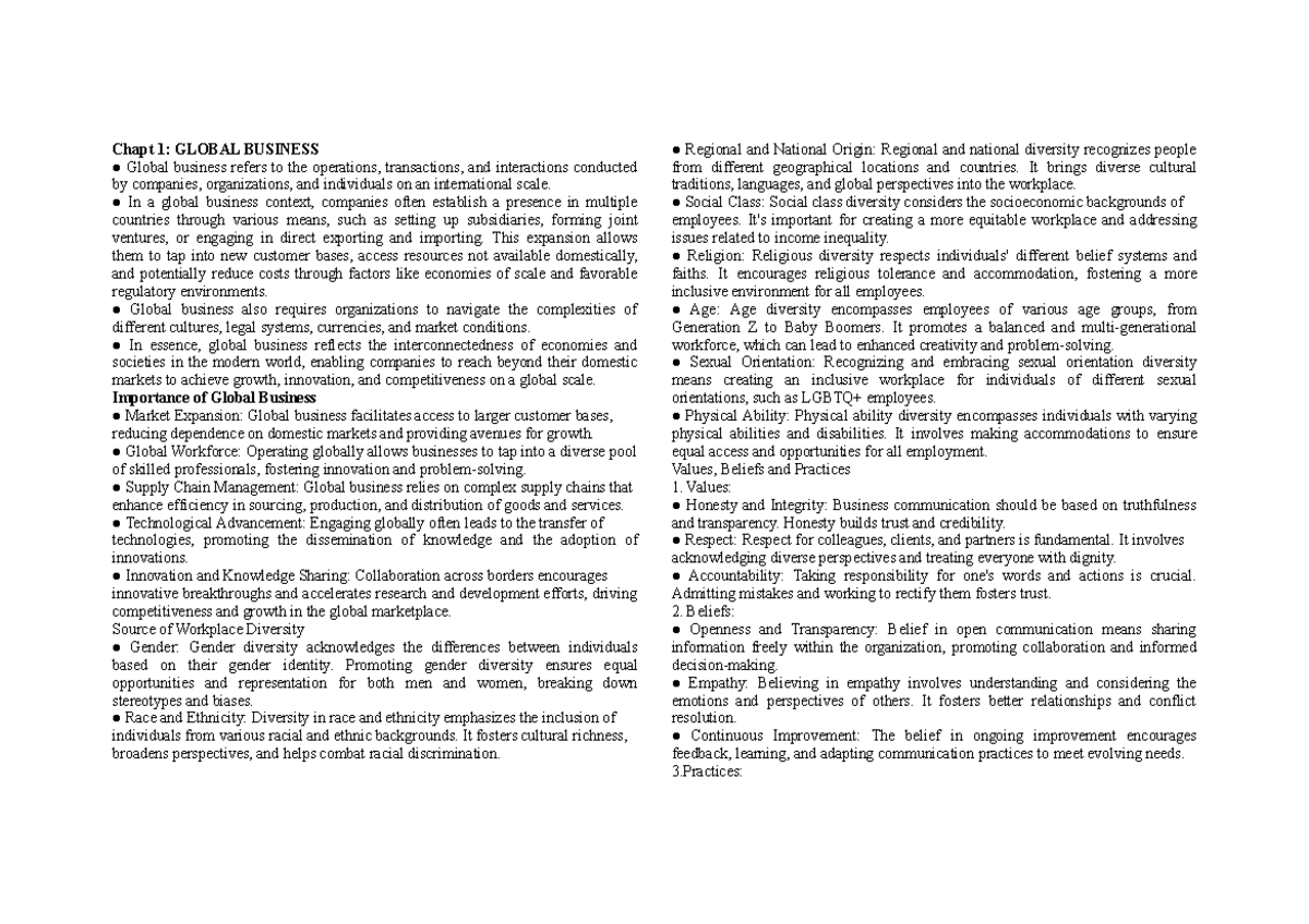 QUIZ Chapter 1 TO 4 - Reviewer - Chapt 1: GLOBAL BUSINESS Global ...