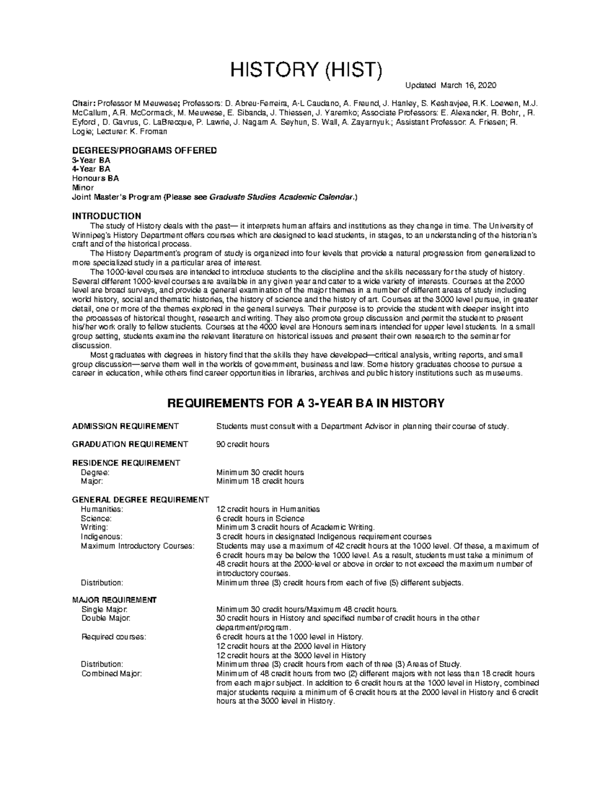 Syllabus 2020 - N/A - HISTORY (HIST) Updated March 16, 20 20 Chair ...