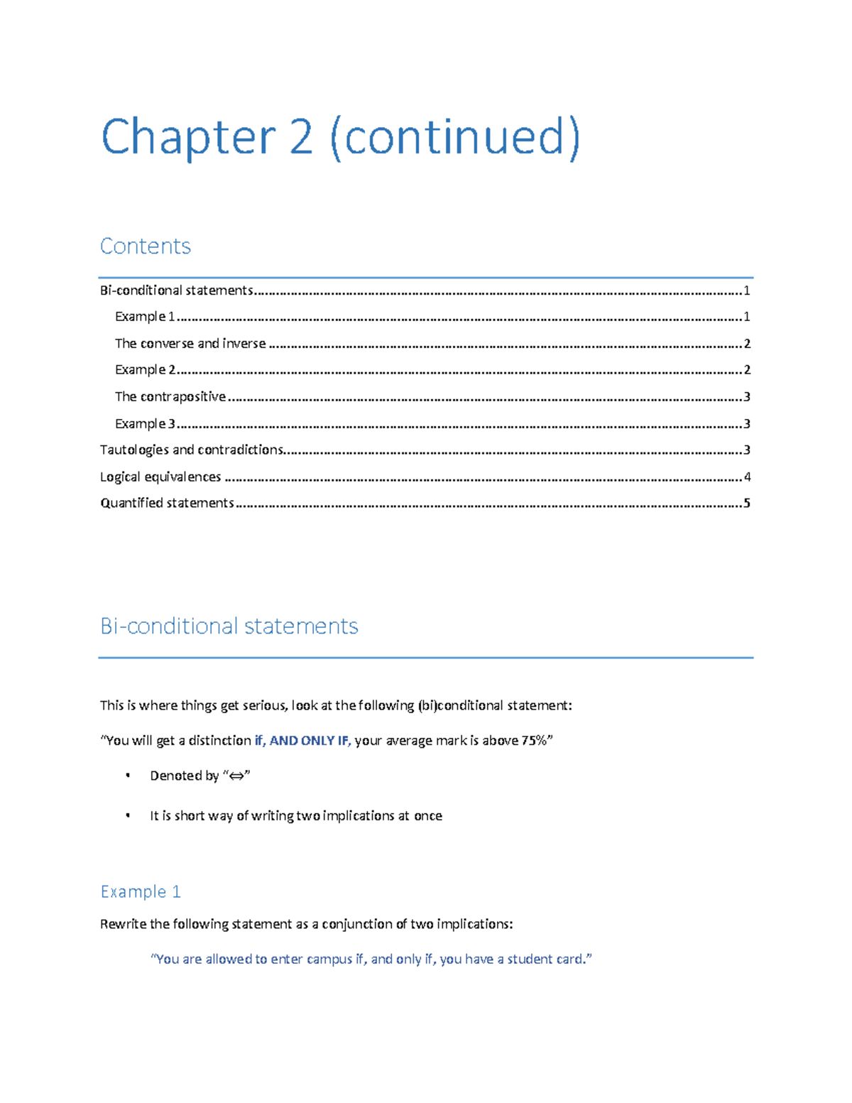 Chapter 2 (part 2) - Chapter 2 (continued) Contents Bi-conditional statements - Studocu