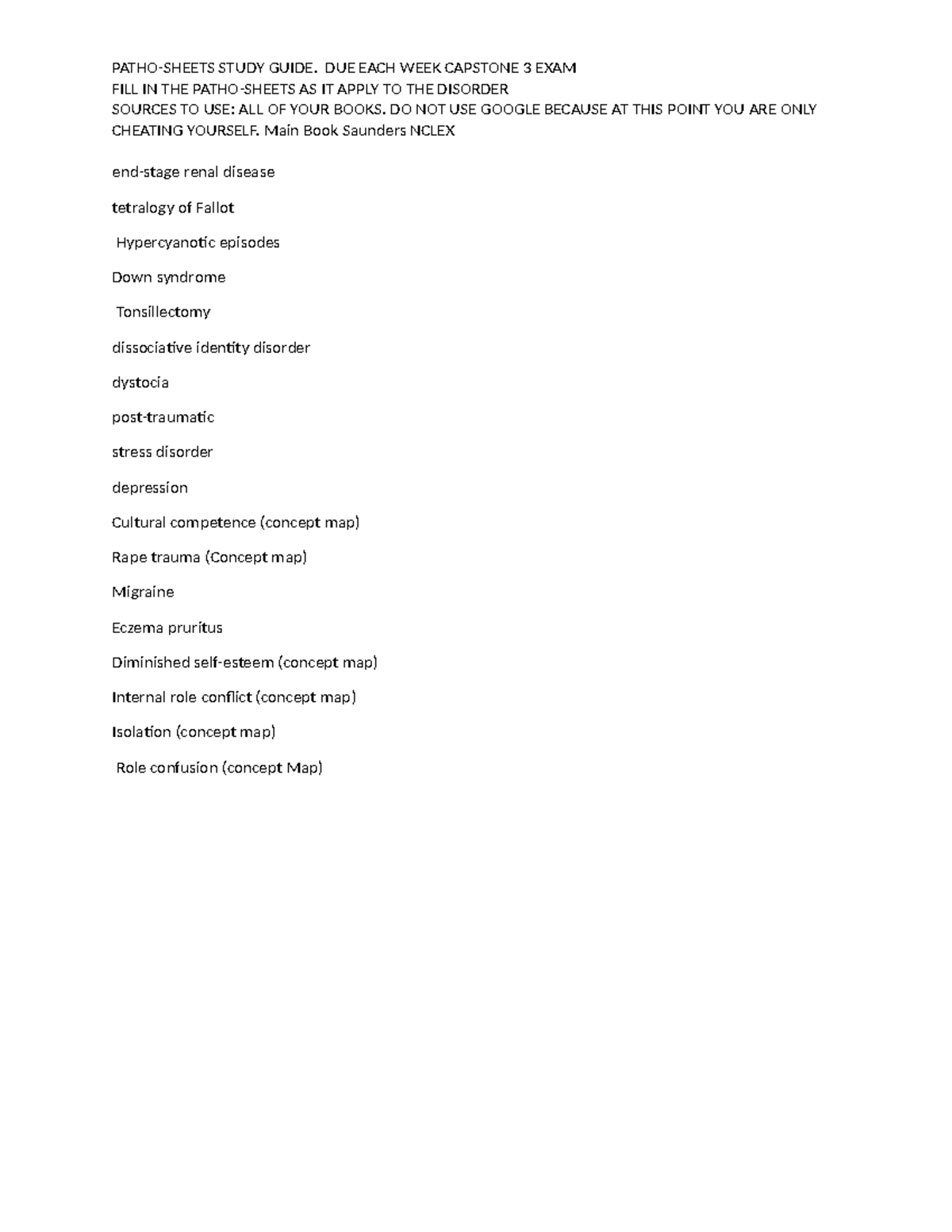 Patho- Sheets Study Guide Exam 3 - PATHO-SHEETS STUDY GUIDE. DUE EACH ...