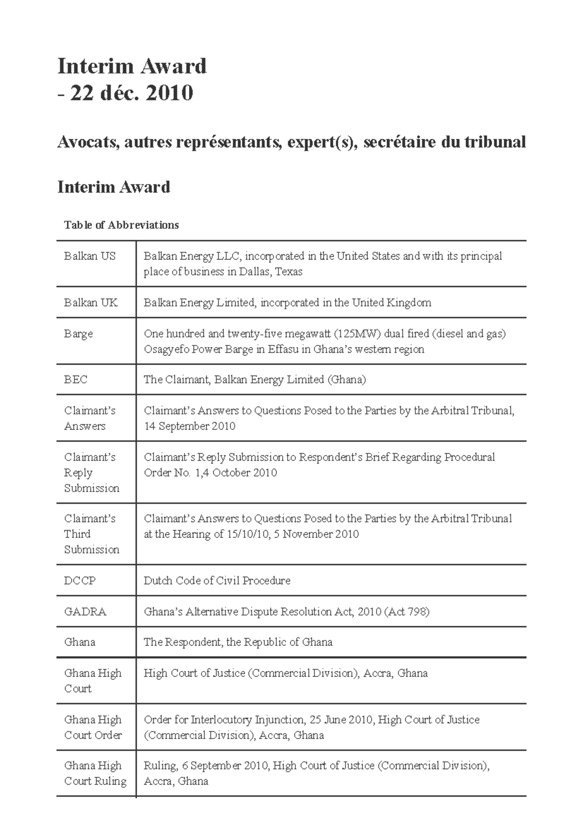 Balkan Energy Interim Award 22 dec - Avocats, autres représentants ...