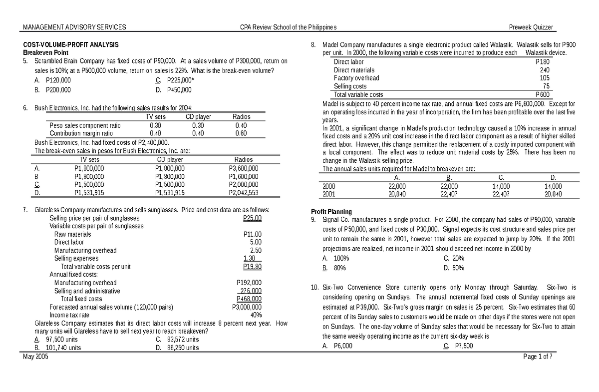 CVP- Analysis- Quizzer - COST-VOLUME-PROFIT ANALYSIS Breakeven Point 5. Scrambled Brain Company ...