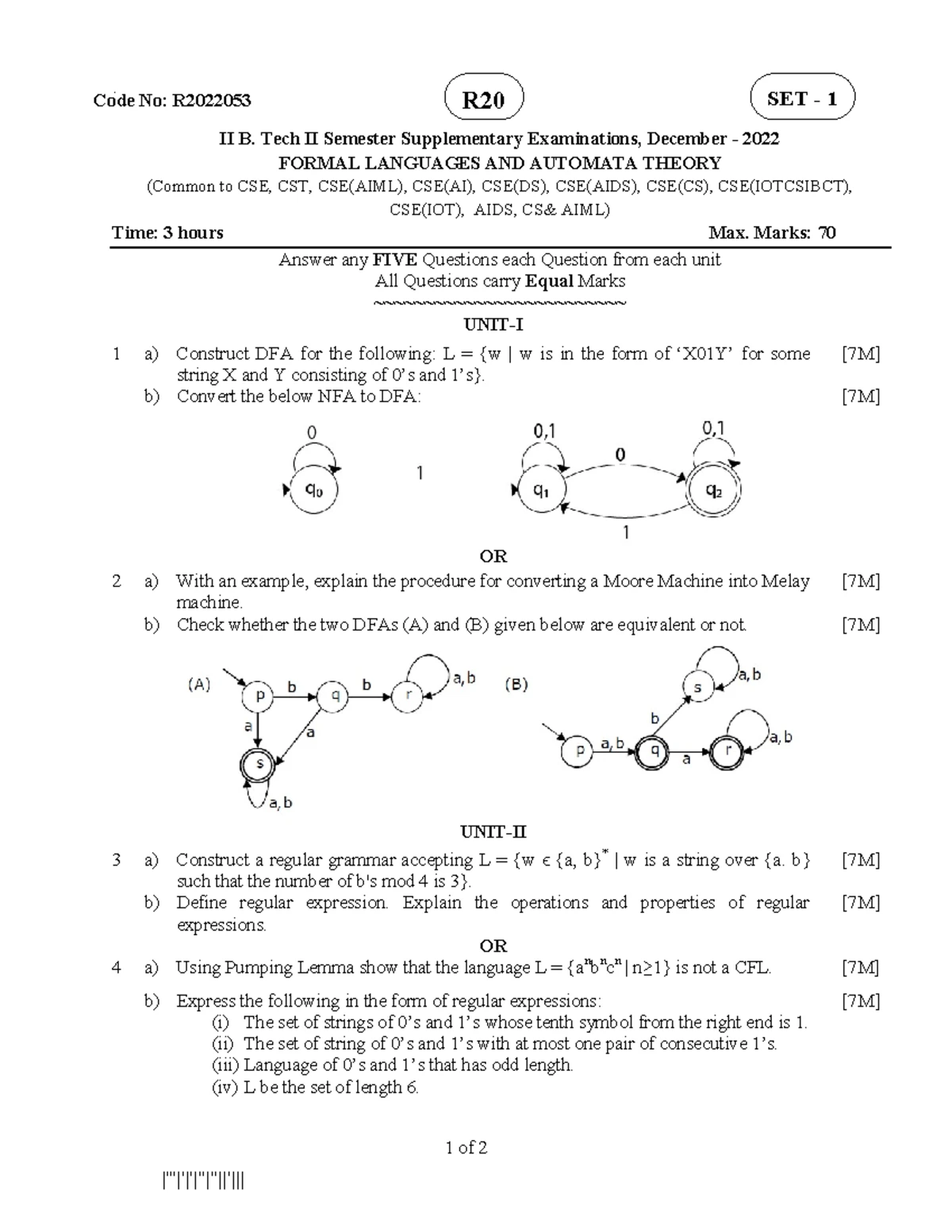 Formal Languages AND Automata Theory DEC 2023 - |'''|'|'|''||'''|||| II B. Tech II Semester ...