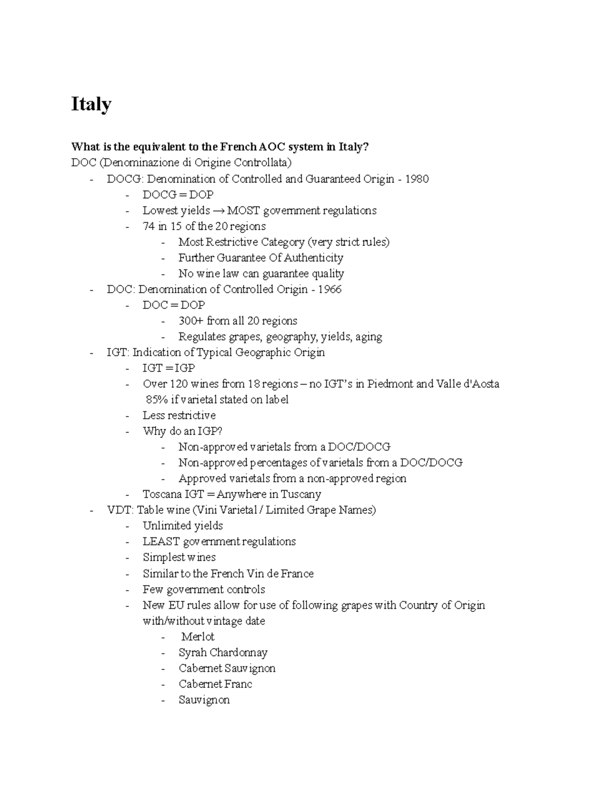F23 Prelim 2 Study Guide Wines - Italy What is the equivalent to the ...
