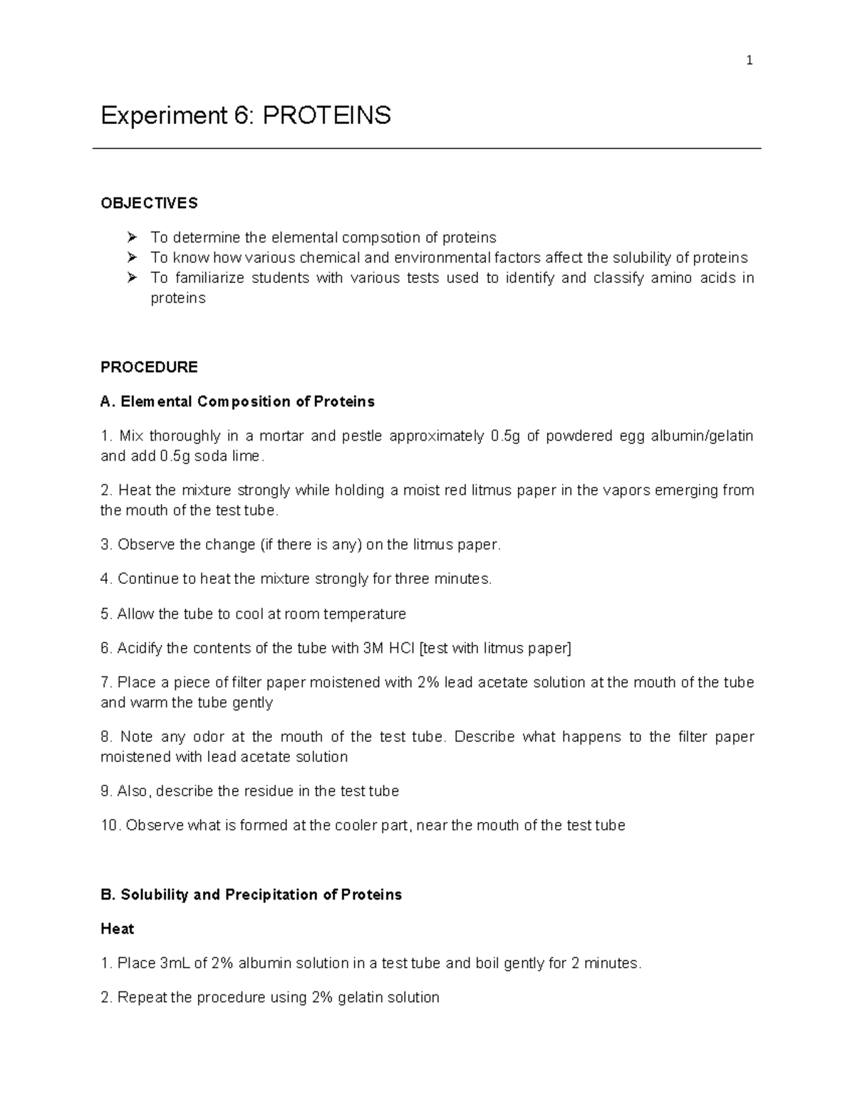 Expt 6 - Dnsk - Experiment 6: PROTEINS OBJECTIVES To determine the ...
