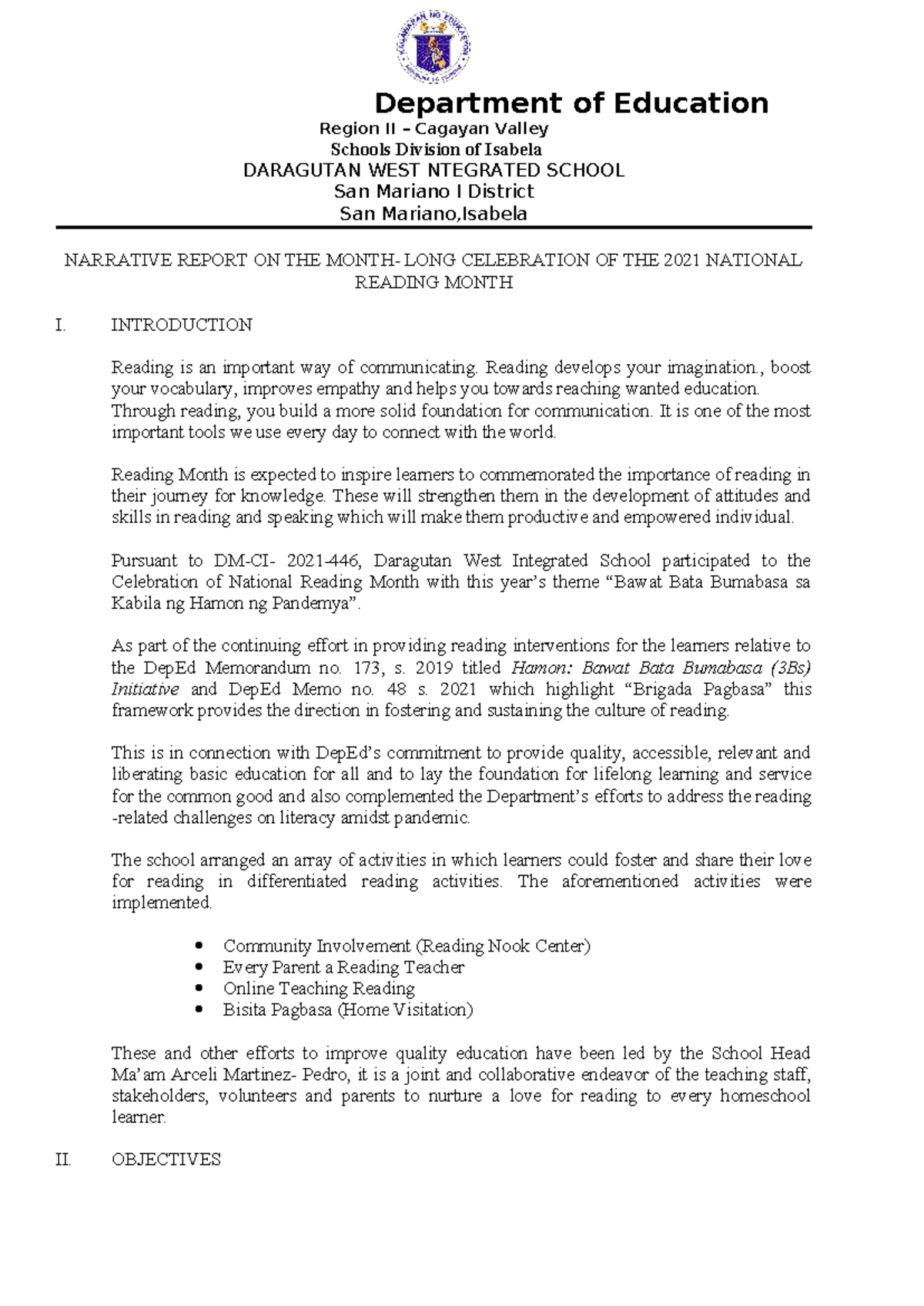 Narrative report for month long celebration - Department of Education ...