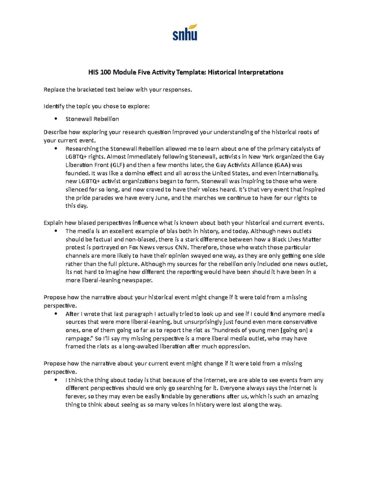 HIS 100 Module Five Activity Template - Identify the topic you chose to ...