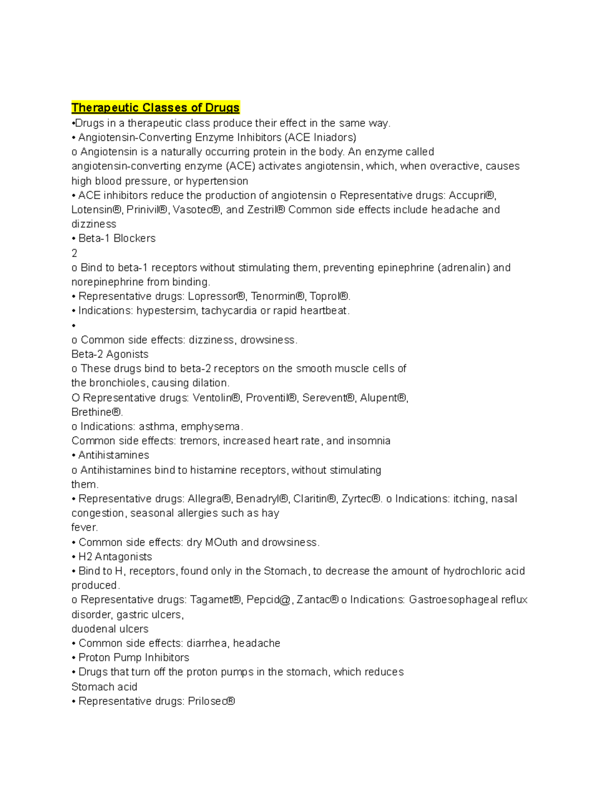 Health Science-Pharmacology - Therapeutic Classes of Drugs •Drugs in a ...