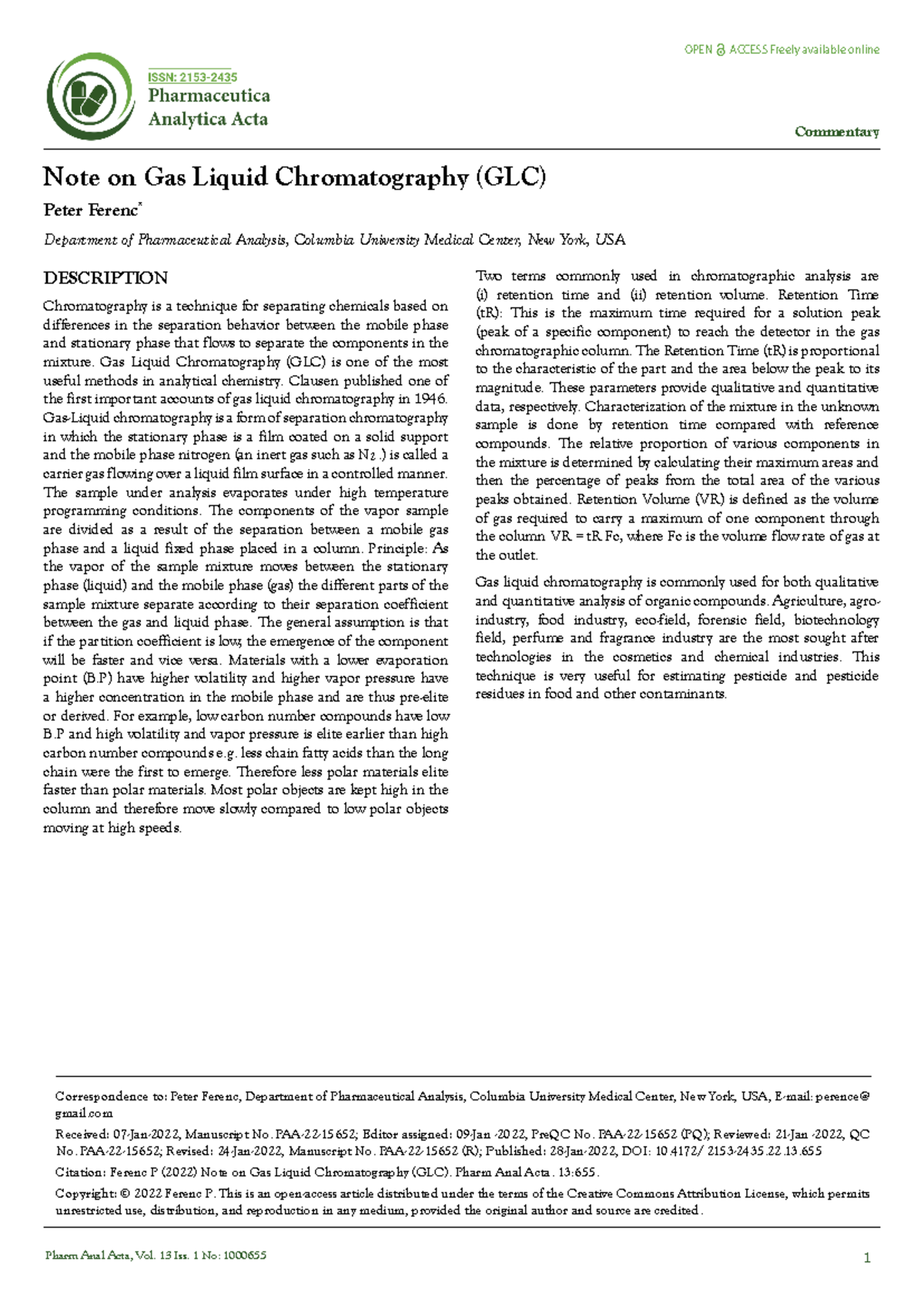 Note on gas liquid chromatography glc - Pharm Anal Acta, Vol. 13 Iss. 1 No: 1000655 1 Commentary ...