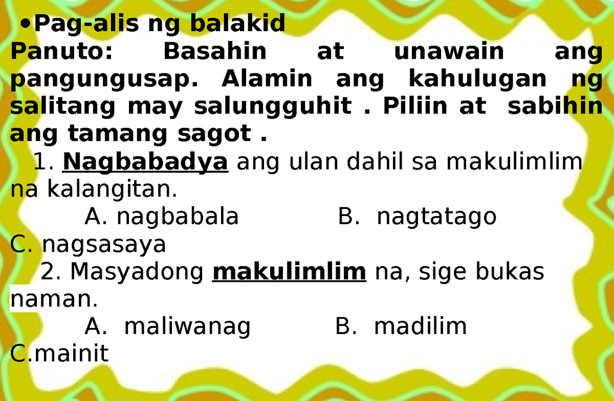 Tarpapel - tarp - ####### Pag-alis ng balakid ####### Panuto: Basahin ...