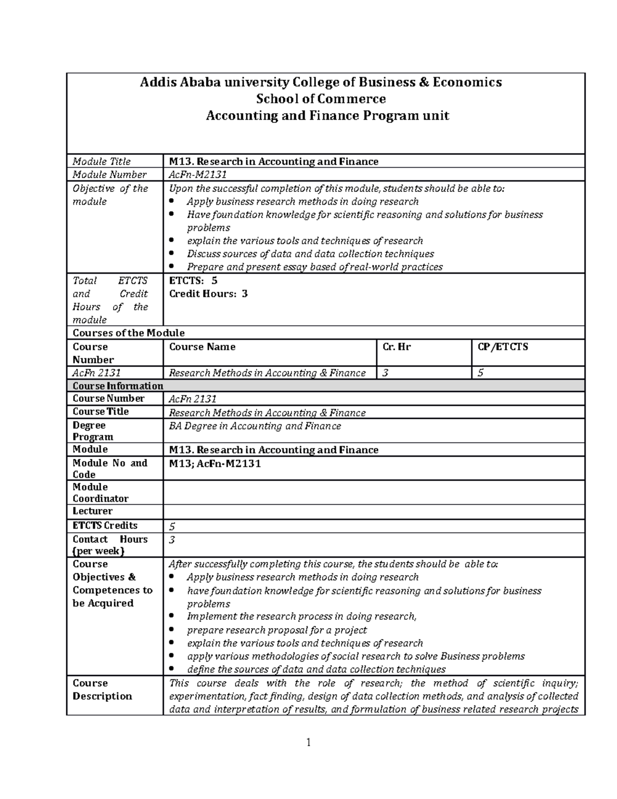 Course Outline ACFN 2131 - Addis Ababa university College of Business ...