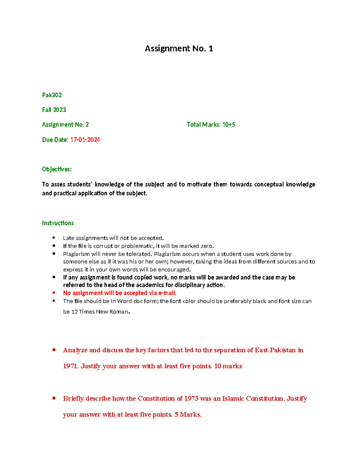 Fall 2023 PAK302 - Assignment No. 1 Pak Fall 2023 Assignment No. 2 Total Marks: 10+ Due Date: 17 ...