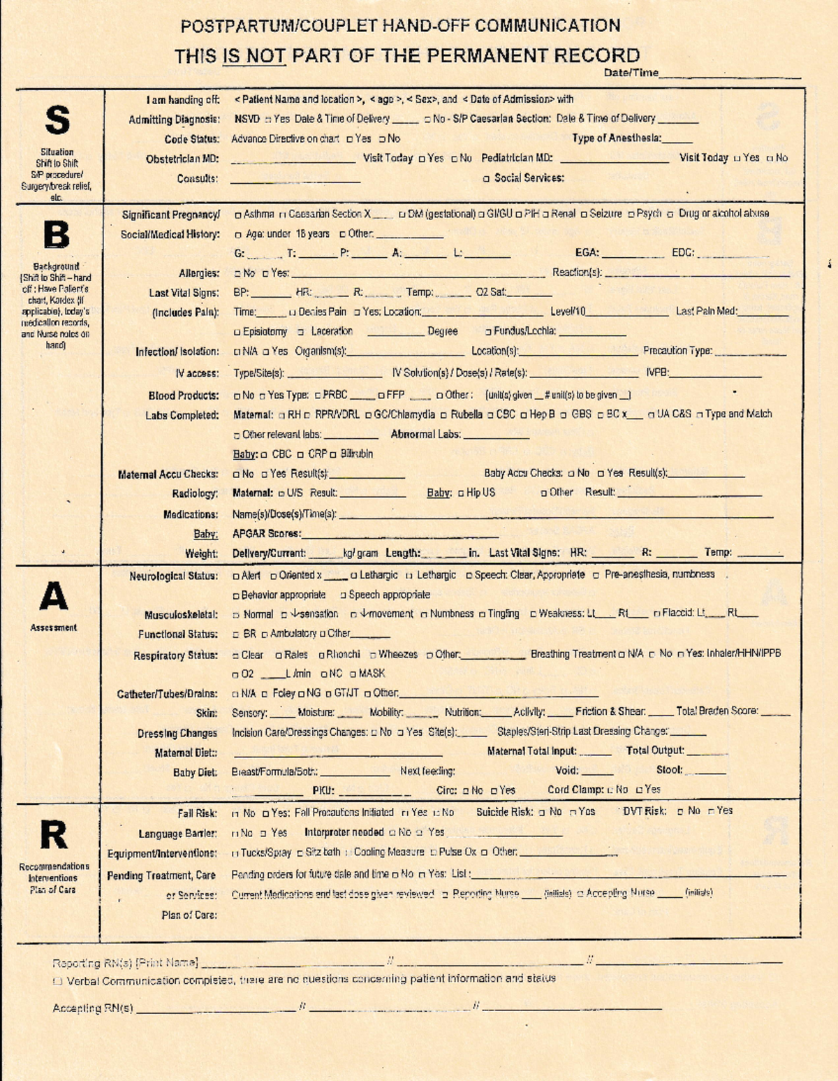 Postpartum-Newborn Hand-off SBAR Communication form - POSTPARTUfuI ...