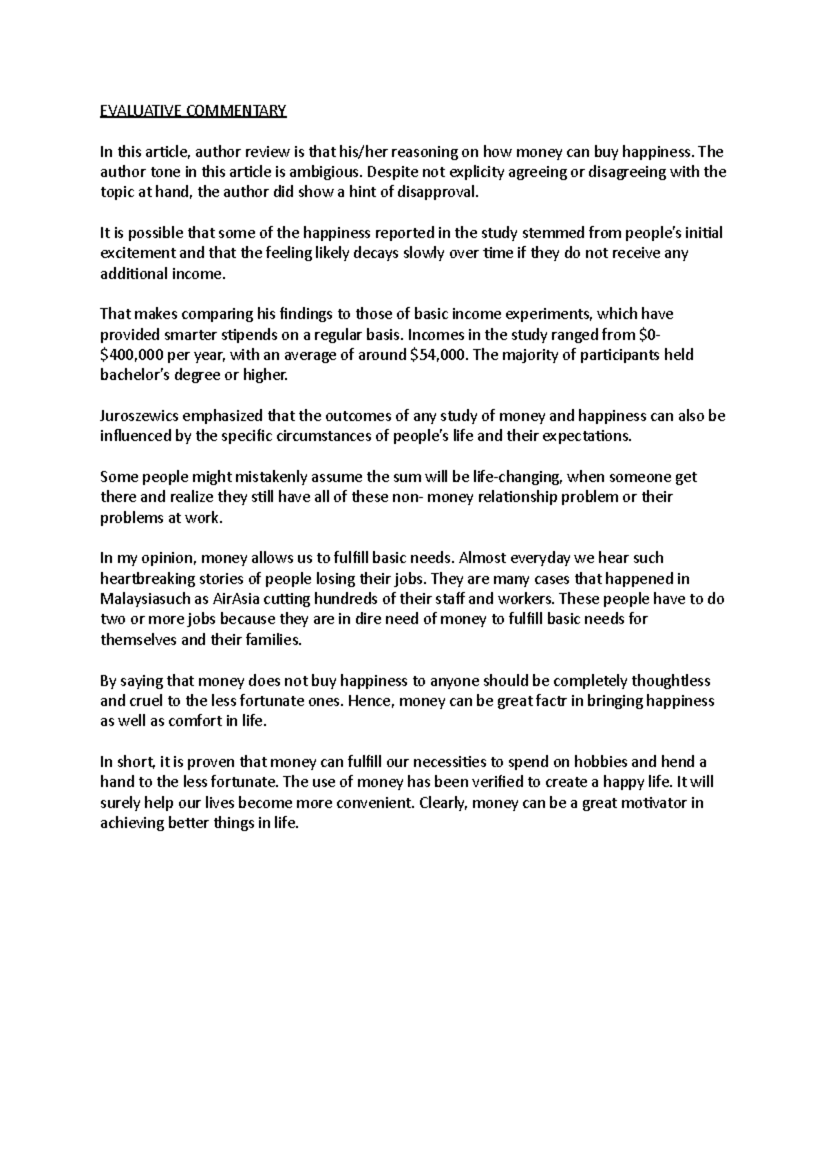 Evaluative Commentary - EVALUATIVE COMMENTARY In this article, author ...