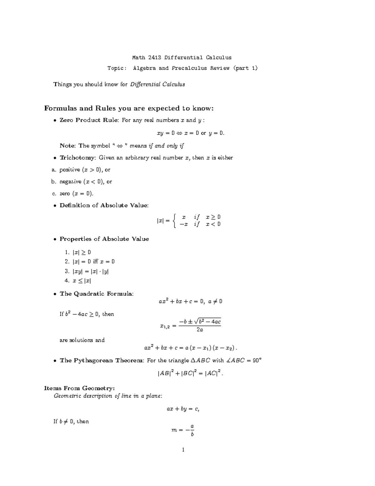 Lec 1 Algebra and Precalculus Review (part 1) - Math 2413 Differential Calculus Topic: Algebra ...