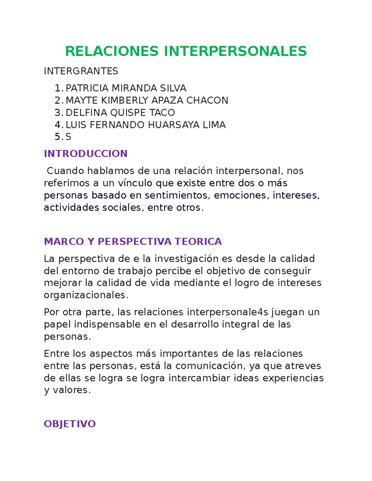 Relaciones- Interpersonales - RELACIONES INTERPERSONALES INTERGRANTES 1 ...