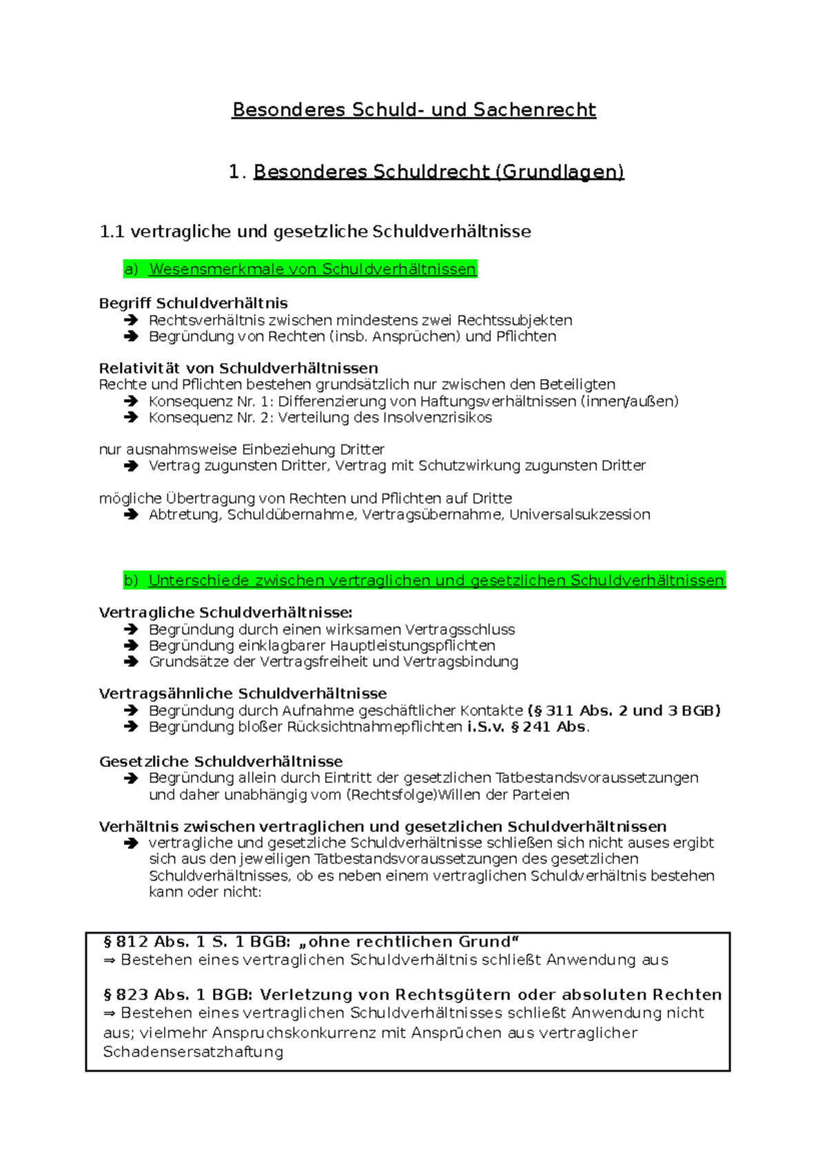 Zusammenfassung der klausurrelevanten Themen - Besonderes Schuld- und ...