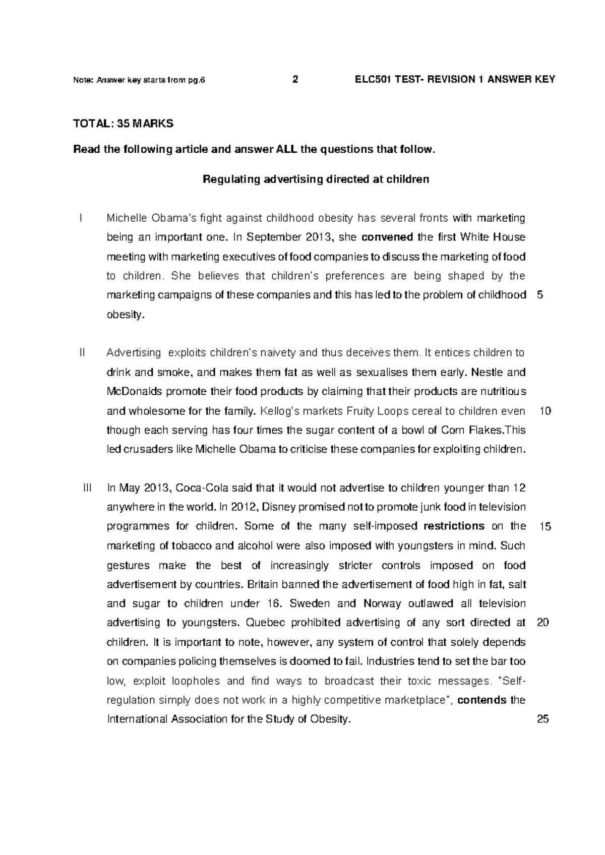 ELC 501 Test-Revision 1 Answer - TOTAL: 35 MARKS Read the following ...