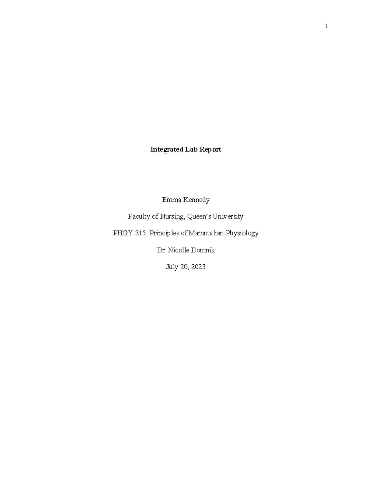 Integrated Lab Report - PHGY 215-2 - PHGY 215 - queensu - Studocu