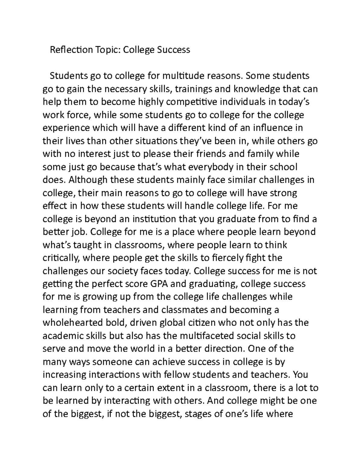 Learning Journal Unit 1 - Reflection Topic: College Success Students go ...
