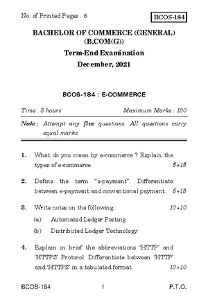 BCOS-184 DEC 2022 - Previous question paper - BCOS-184 1 P.T. BCOS ...