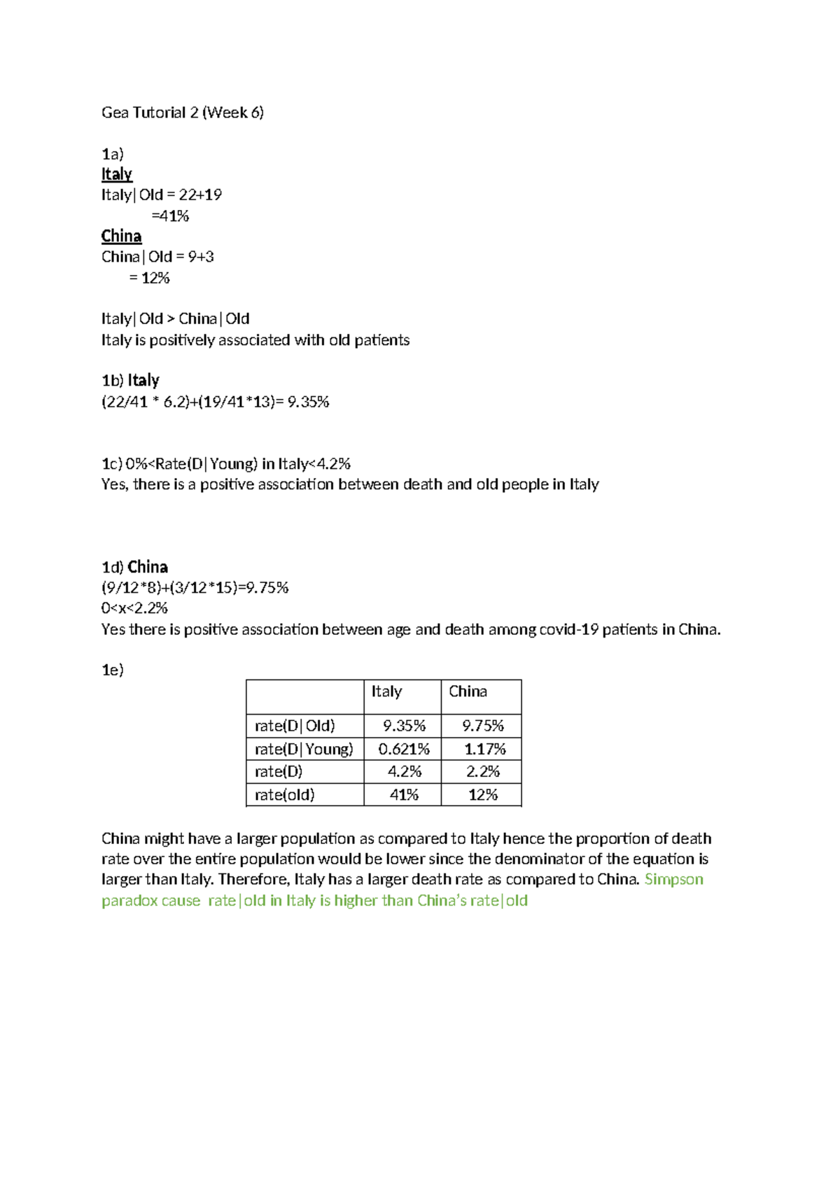 Gea Tutorial 2 - nil - Gea Tutorial 2 (Week 6) 1a) Italy Italy|Old = 22+ =41% China China|Old ...