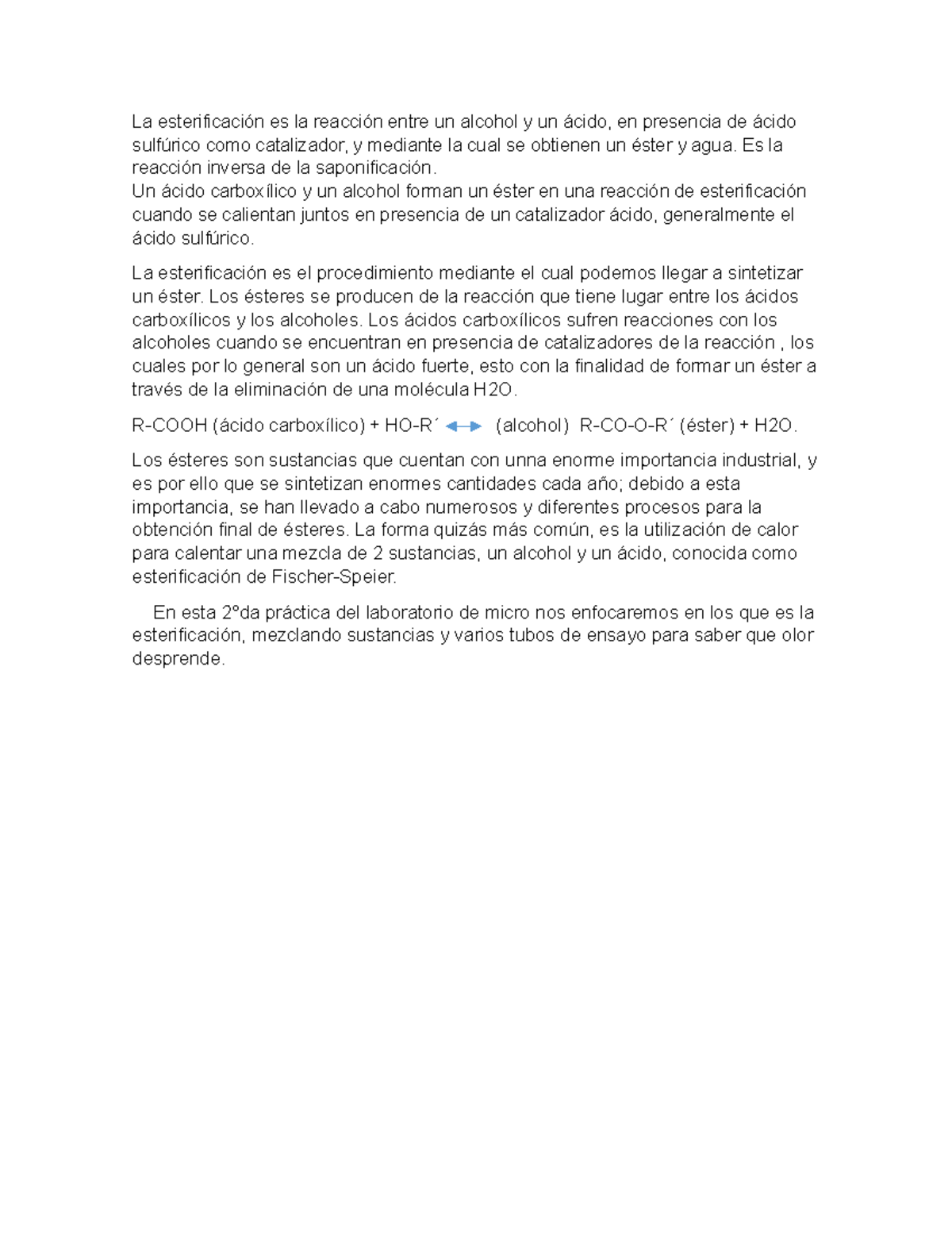 Alcoholes Laboratorio De Química Orgánica Práctica La Esterificación Es La Reacción Entre Un