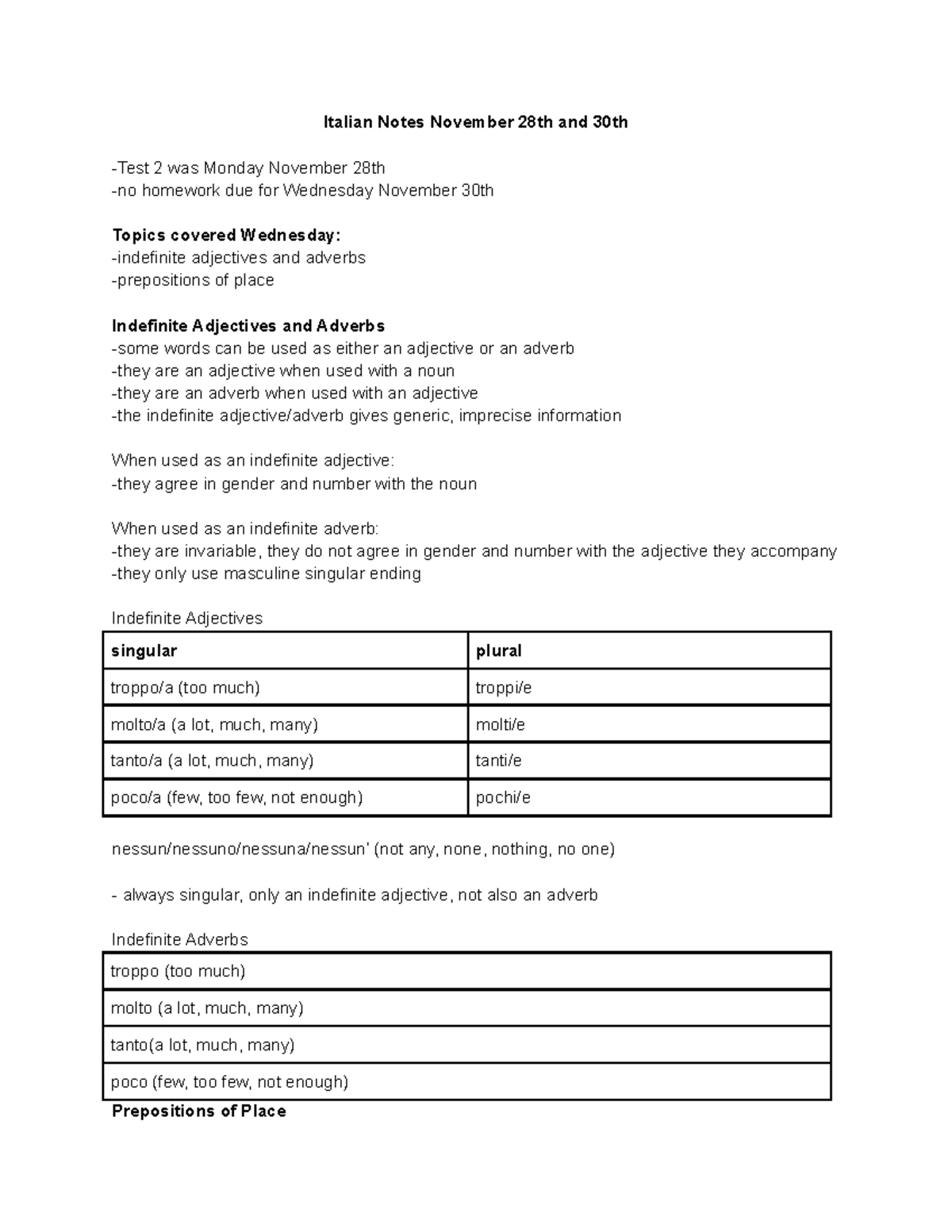 Ita+notes+week+12 - notes - Italian Notes November 28th and 30th -Test ...